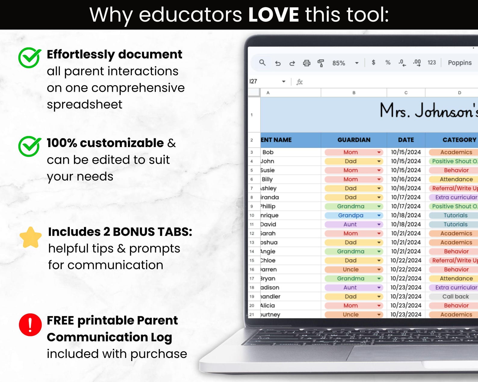 Digital Parent Communication Log for Teacher, Google Sheets Bookkeeping ...