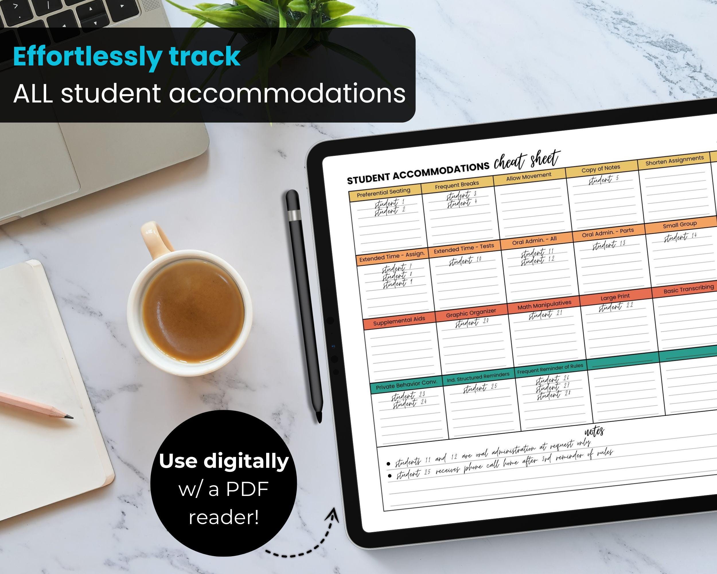 Student Accommodations Cheat Sheet for Teacher, IEP and 504 Tracker for ...