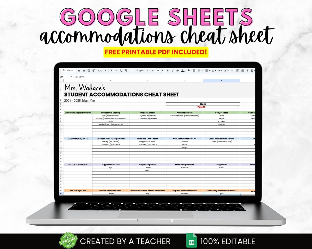Digital Student Accommodation Cheat Sheet for Teacher | Google Sheets ...