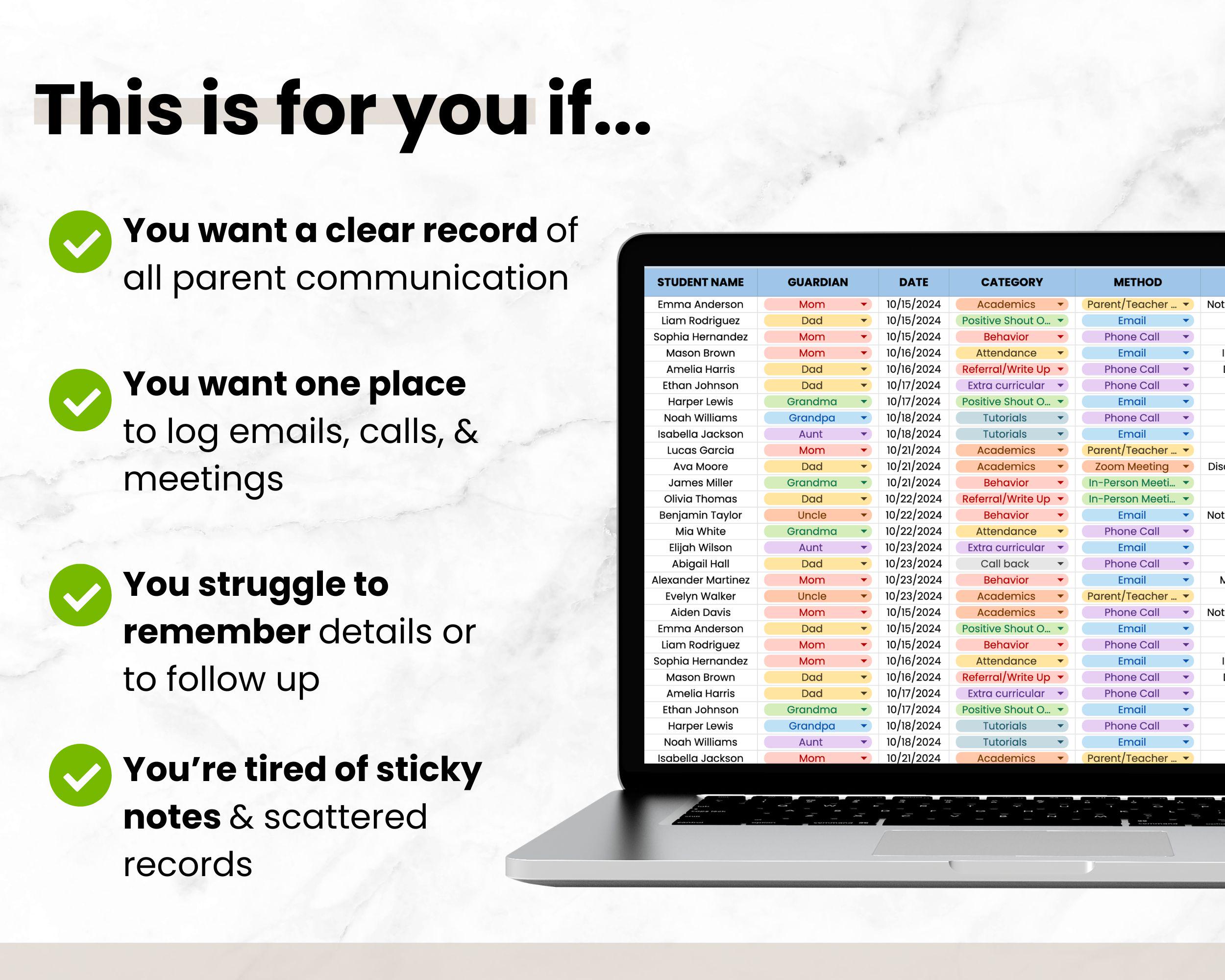 Digital Parent Communication Log for Teacher, Google Sheets Bookkeeping ...