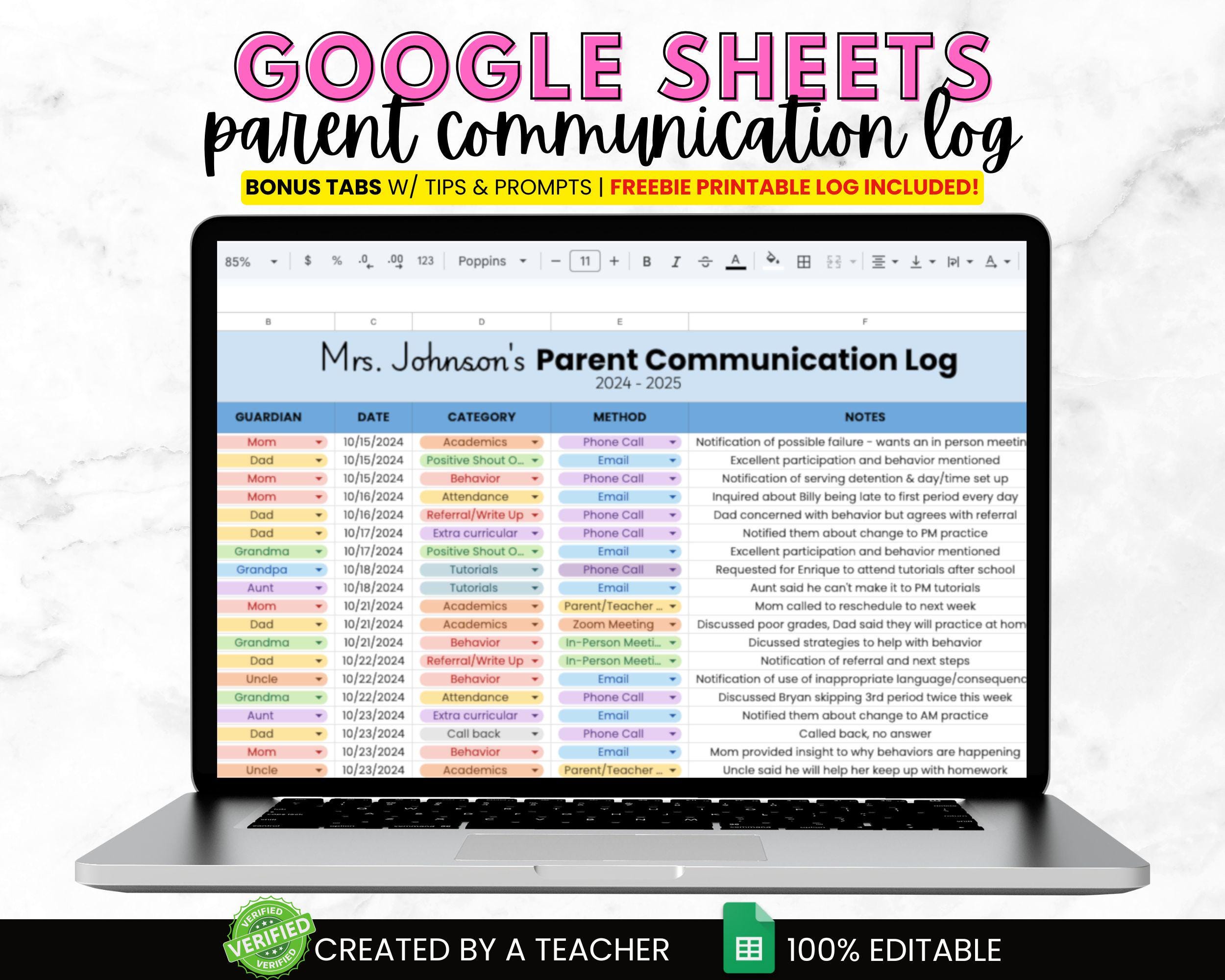 Digital Parent Communication Log for Teacher, Google Sheets Bookkeeping ...