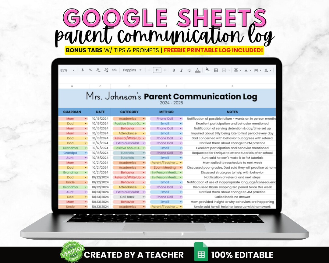 Digital Parent Communication Log for Teacher, Google Sheets Bookkeeping ...