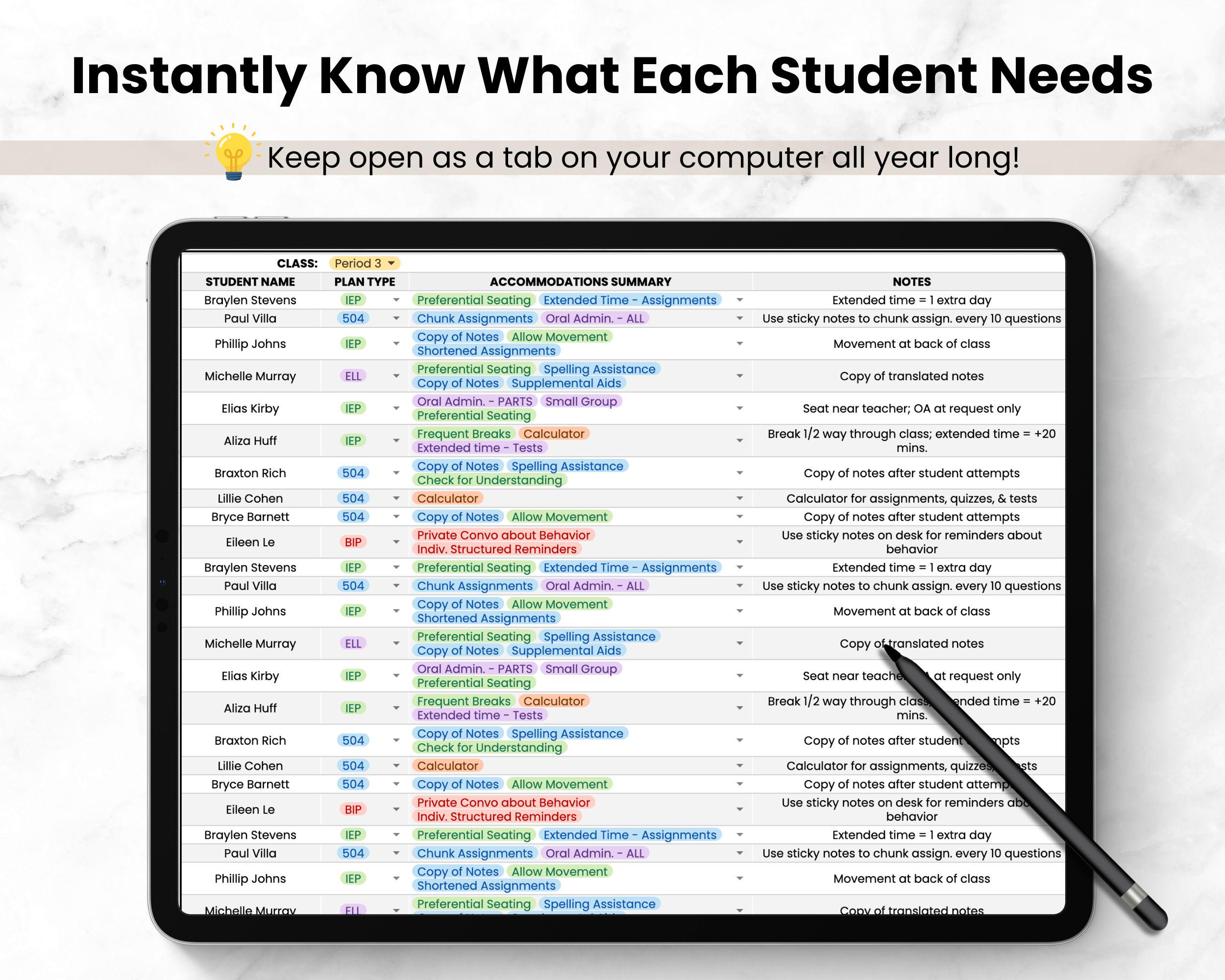 Student IEP/504 Accommodation Tracker Spreadsheet for Teacher | Google ...