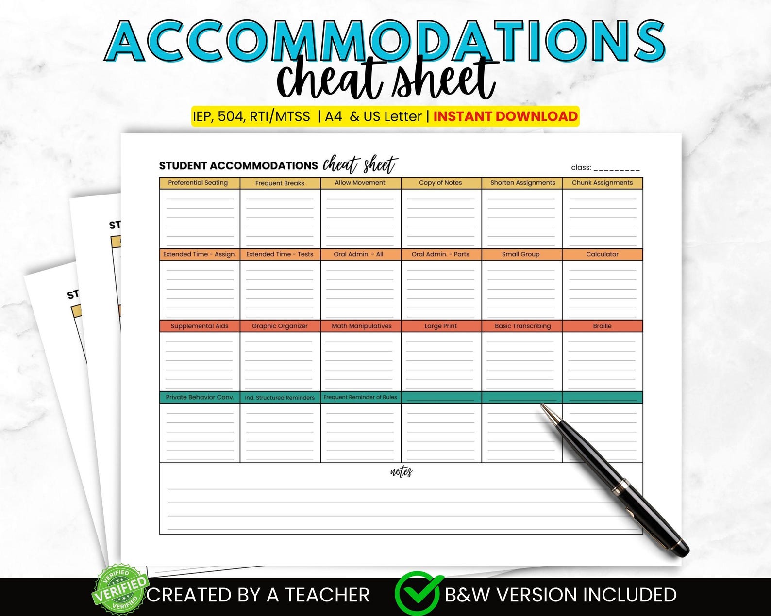Student Accommodations Cheat Sheet for Teacher, IEP and 504 Tracker for ...