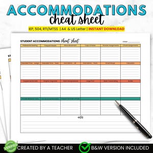 Student Accommodations Cheat Sheet for Teacher, IEP and 504 Tracker for ...