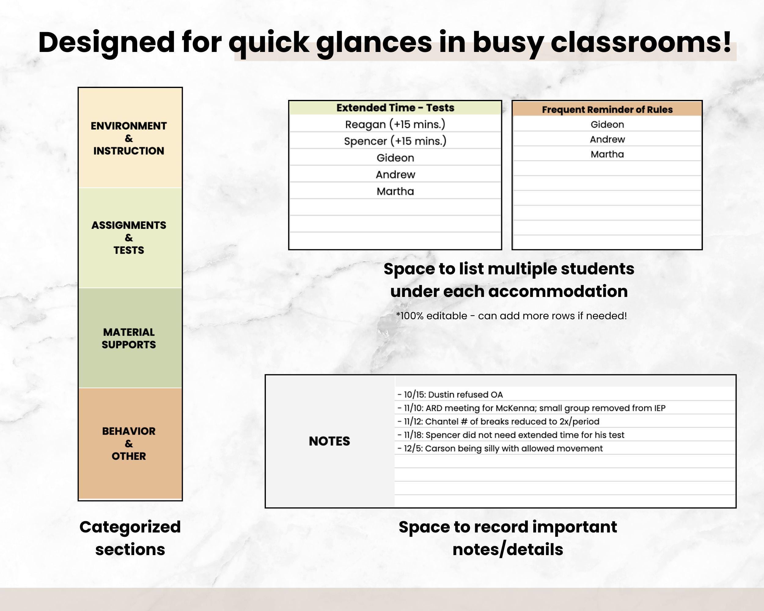 IEP/504 Student Accommodations Tracker Cheat Sheet, Teacher Google ...