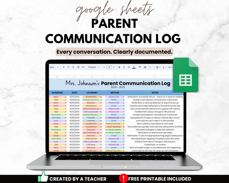 Digital Parent Communication Log for Teacher, Google Sheets Bookkeeping ...