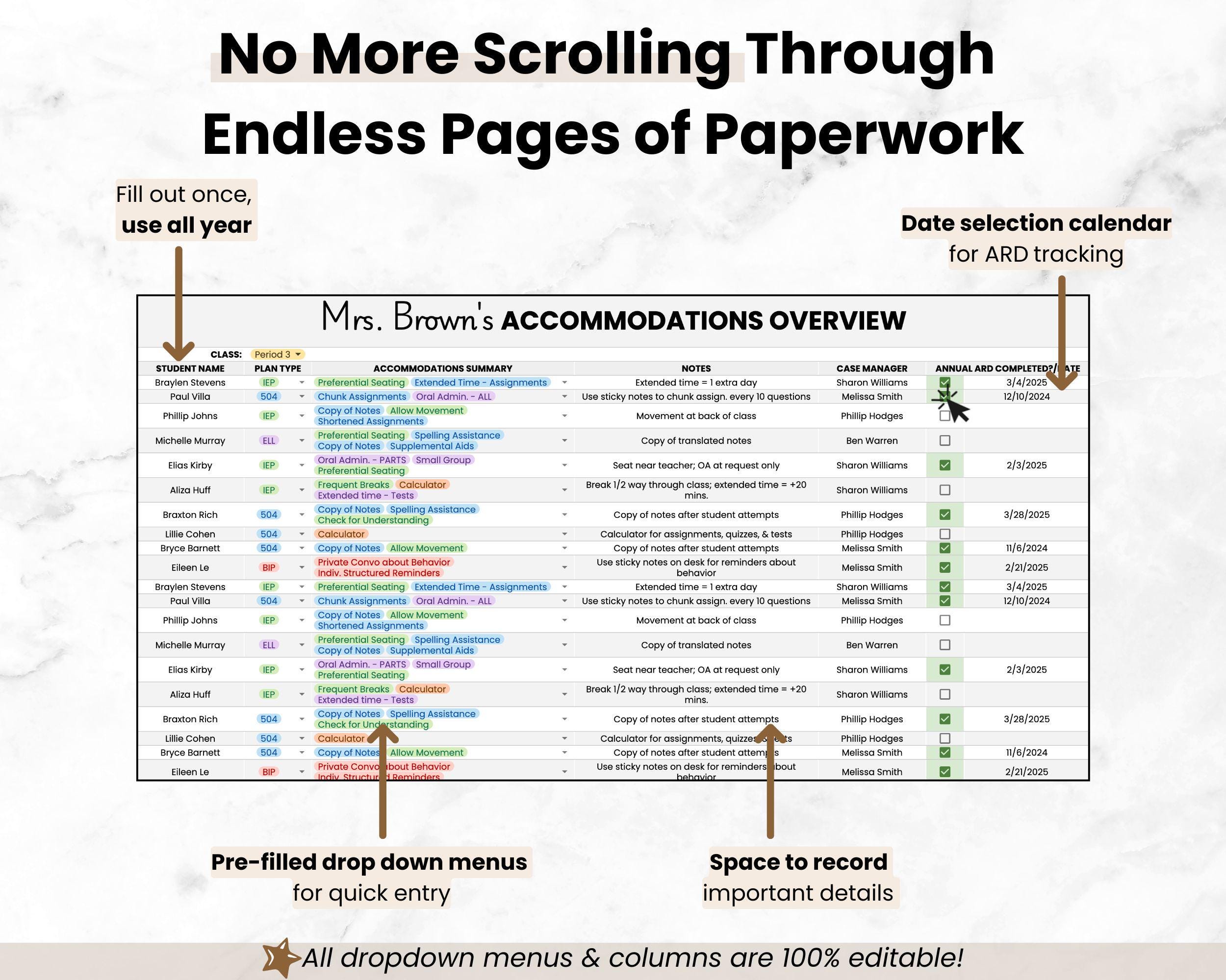 Student IEP/504 Accommodation Tracker Spreadsheet for Teacher | Google ...