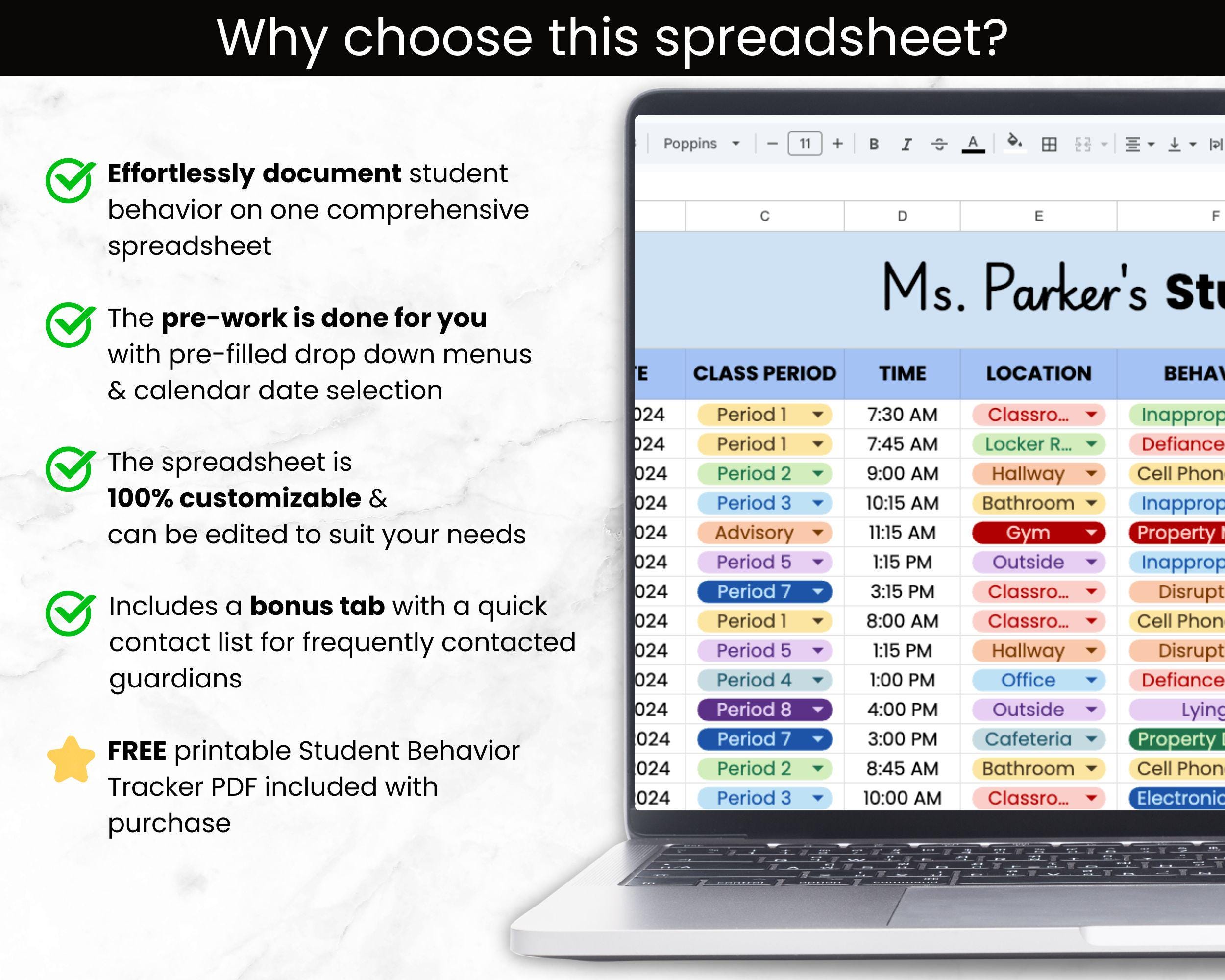 Digital Student Behavior Tracker for Teacher, Google Sheets Bookkeeping ...