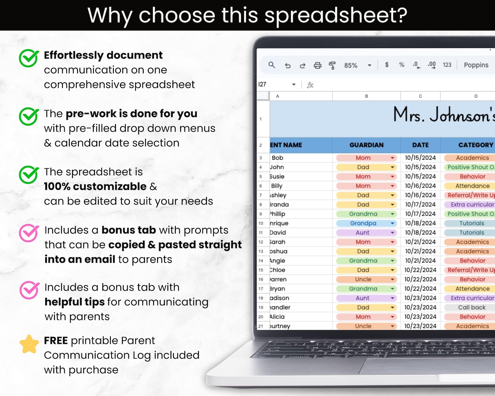 Digital Parent Communication Log for Teacher, Google Sheets Bookkeeping ...