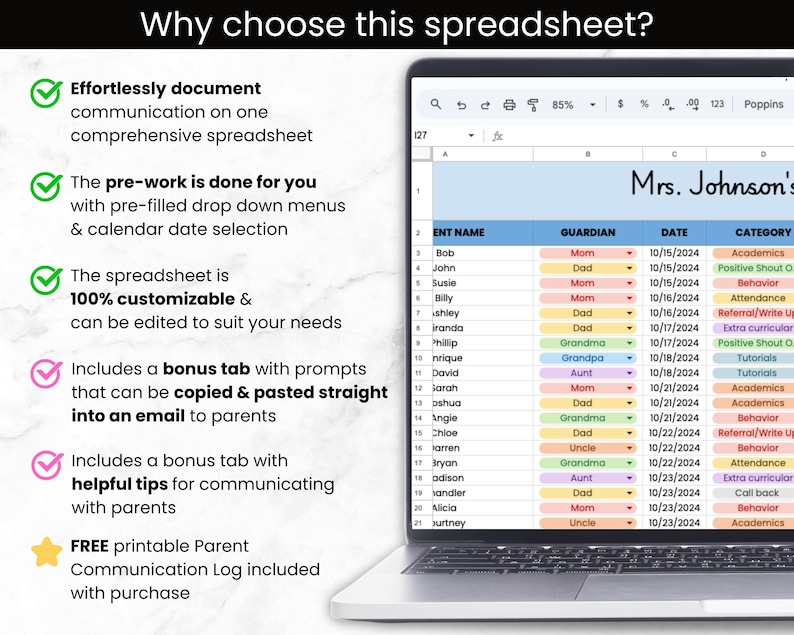 Digital Parent Communication Log for Teacher, Google Sheets Bookkeeping ...
