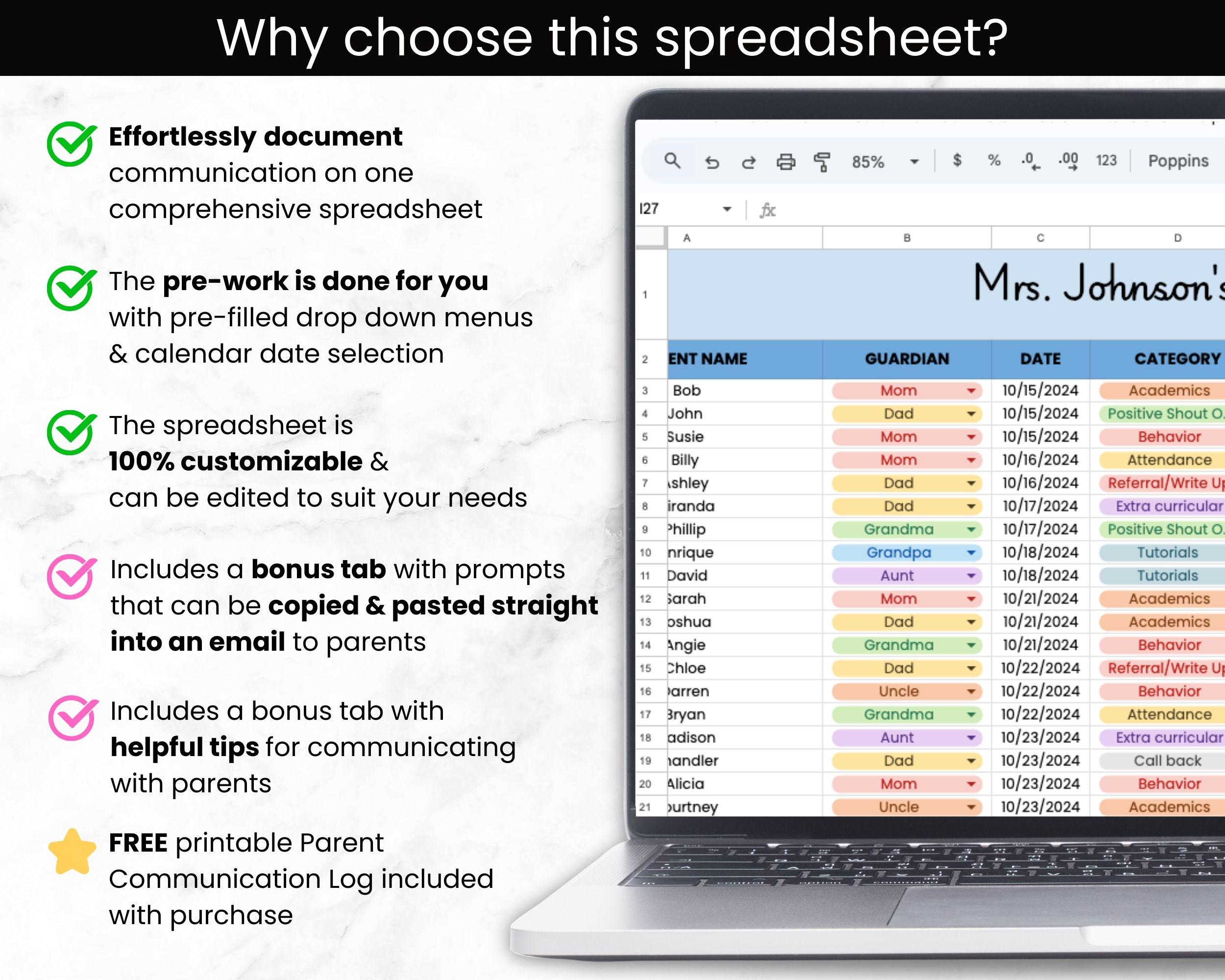 Digital Parent Communication Log for Teacher, Google Sheets Bookkeeping ...