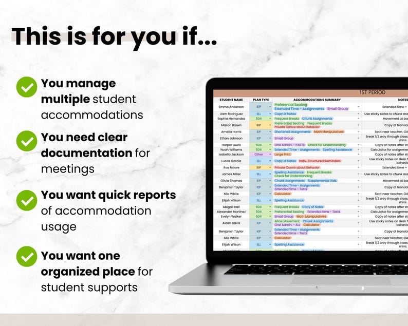 Student IEP Accommodation Tracker Teacher Spreadsheet | IEP 504 Tracker ...