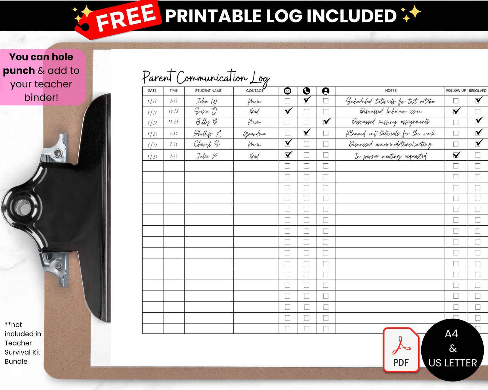 Digital Parent Communication Log for Teacher, Google Sheets Bookkeeping ...