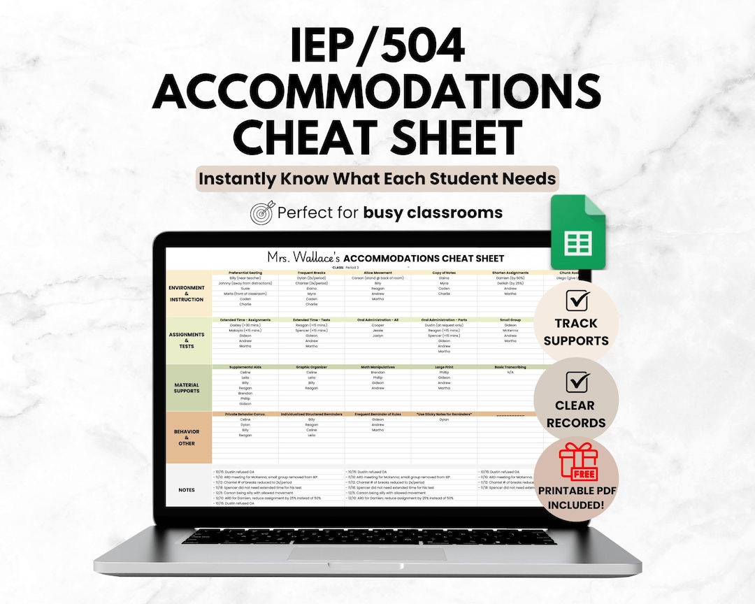 IEP/504 Student Accommodations Tracker Cheat Sheet, Teacher Google ...