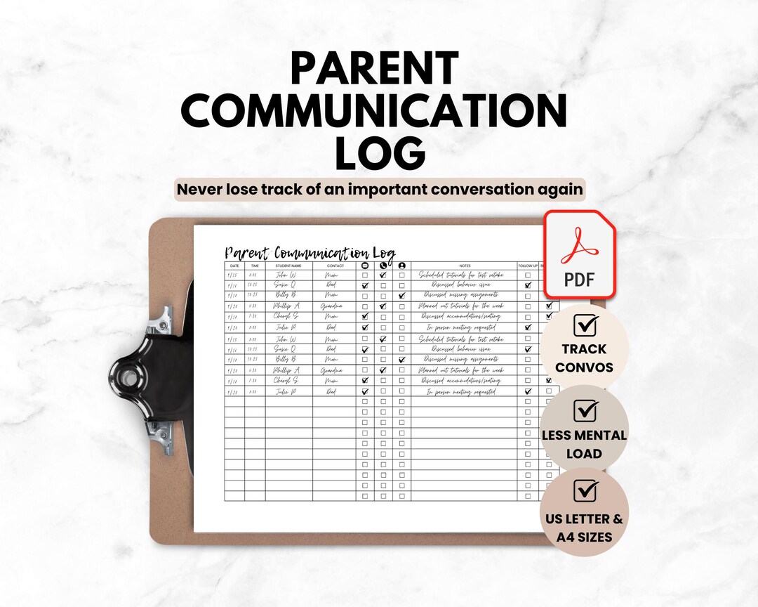 Parent Communication Log Printable for Teacher, Parent Call Log Sheet ...