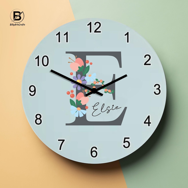 Personalised Wall Clocks for Kids, Custom Floral Initial With Name ...