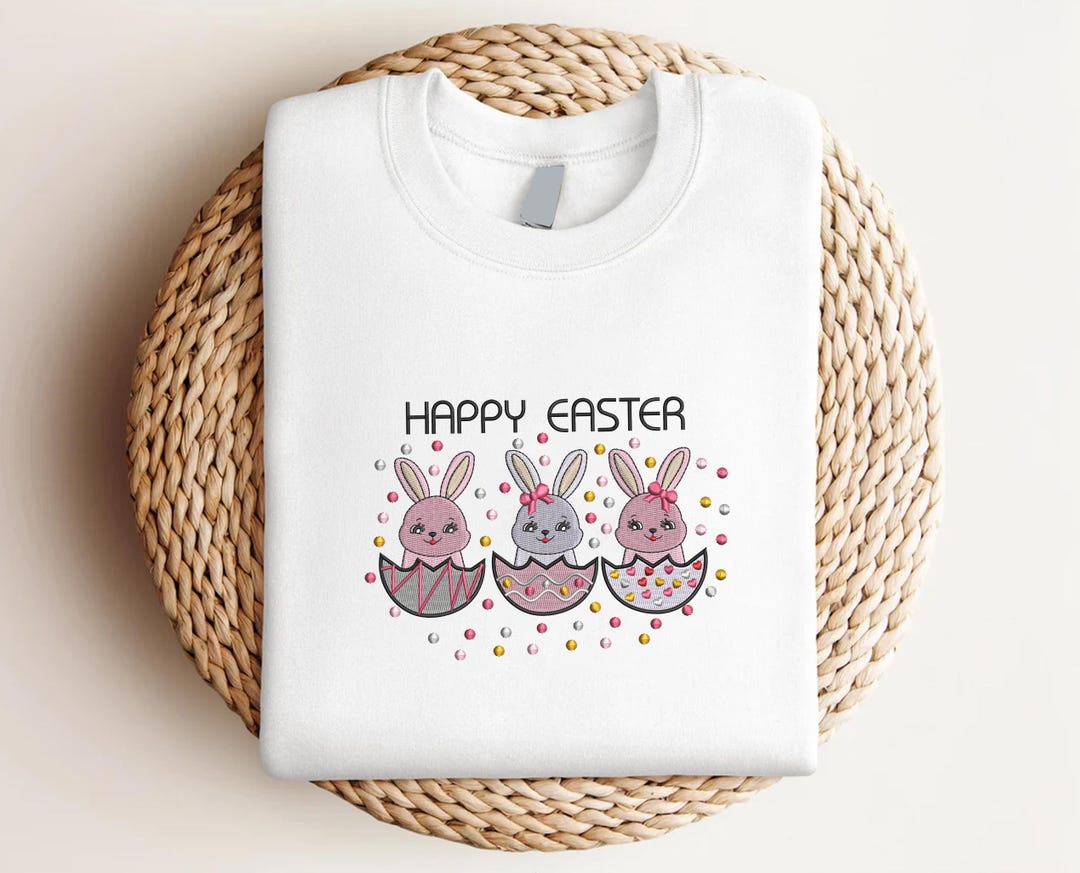 Cute Easter Bunnies in Eggs Sweatshirt, Embroidered Happy Easter ...
