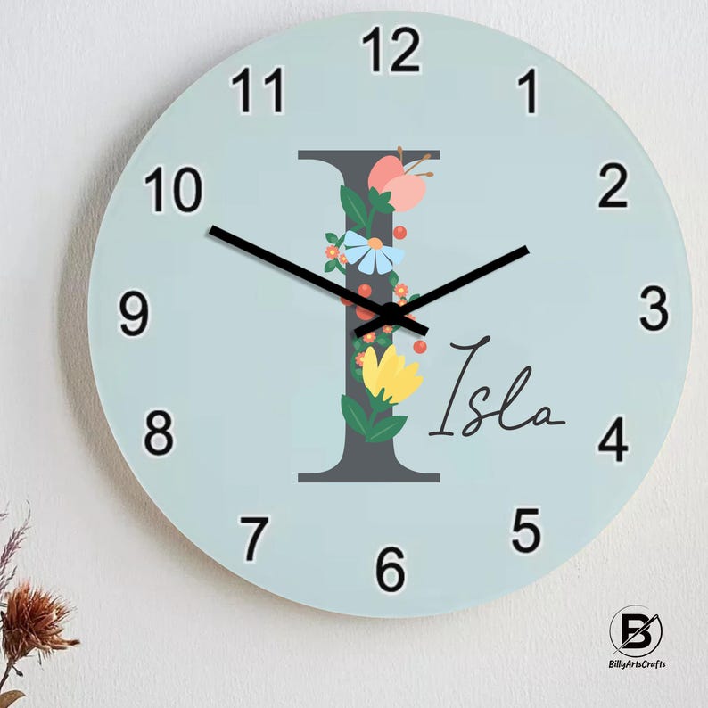 Personalised Wall Clocks for Kids, Custom Floral Initial With Name ...