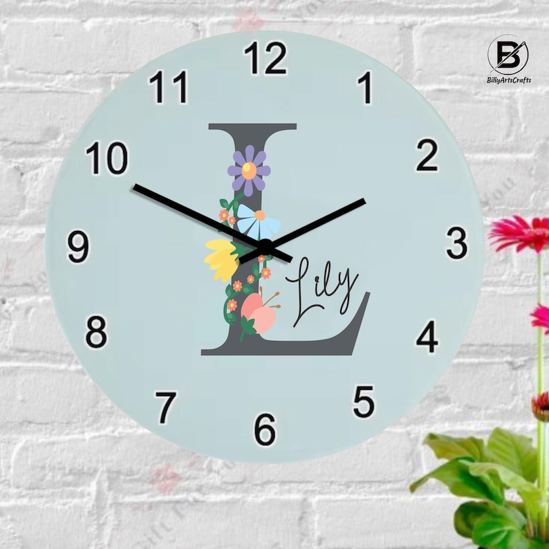 Personalised Wall Clocks for Kids, Custom Floral Initial With Name ...