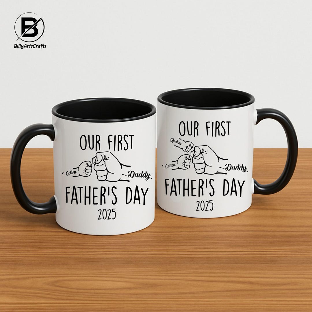 Custom First Fathers Day Mug, Personalised Dad Fist Bump Mugs With Kids ...