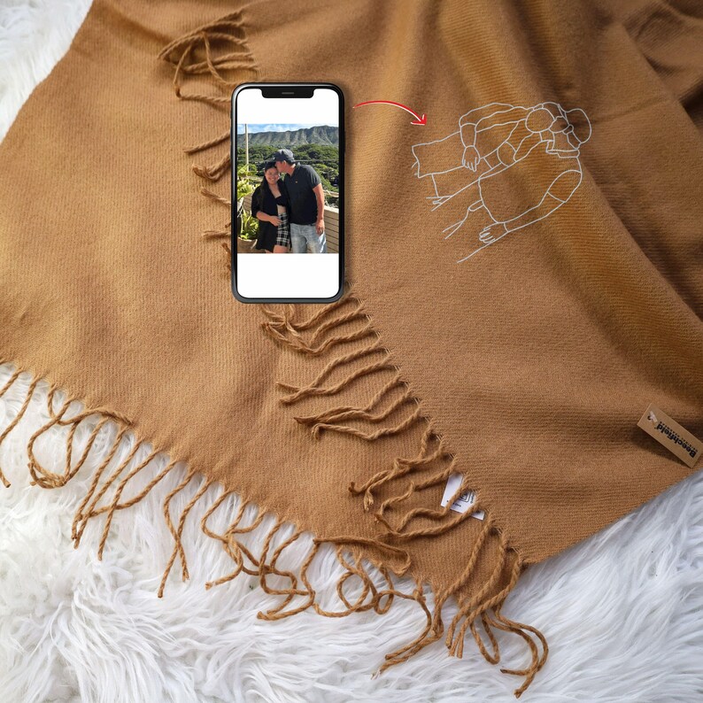 Custom Couple Photo Portrait Scarf, Personalised Line Art Embroidered ...