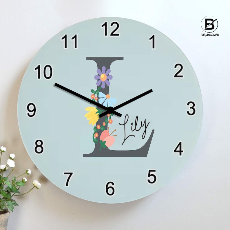 Personalised Wall Clocks for Kids, Custom Floral Initial With Name ...