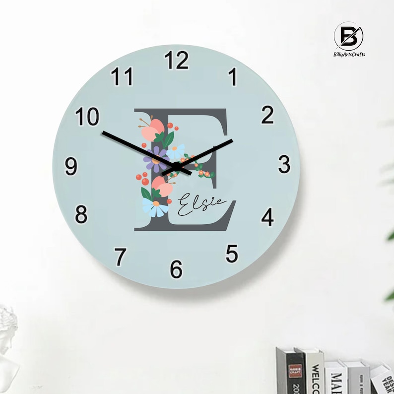 Personalised Wall Clocks for Kids, Custom Floral Initial With Name ...