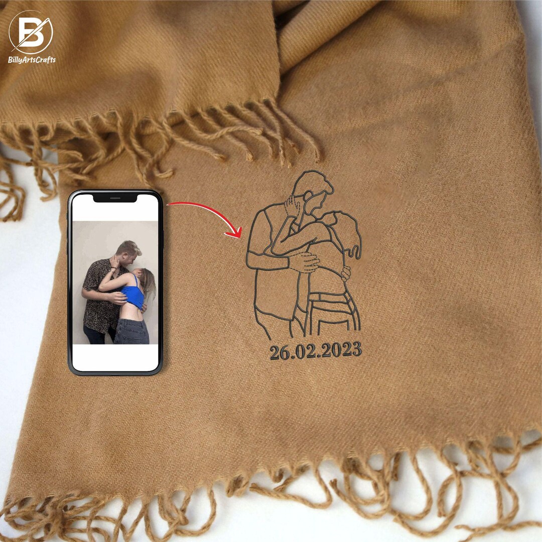 Custom Couple Photo Portrait Scarf, Personalised Line Art Embroidered ...