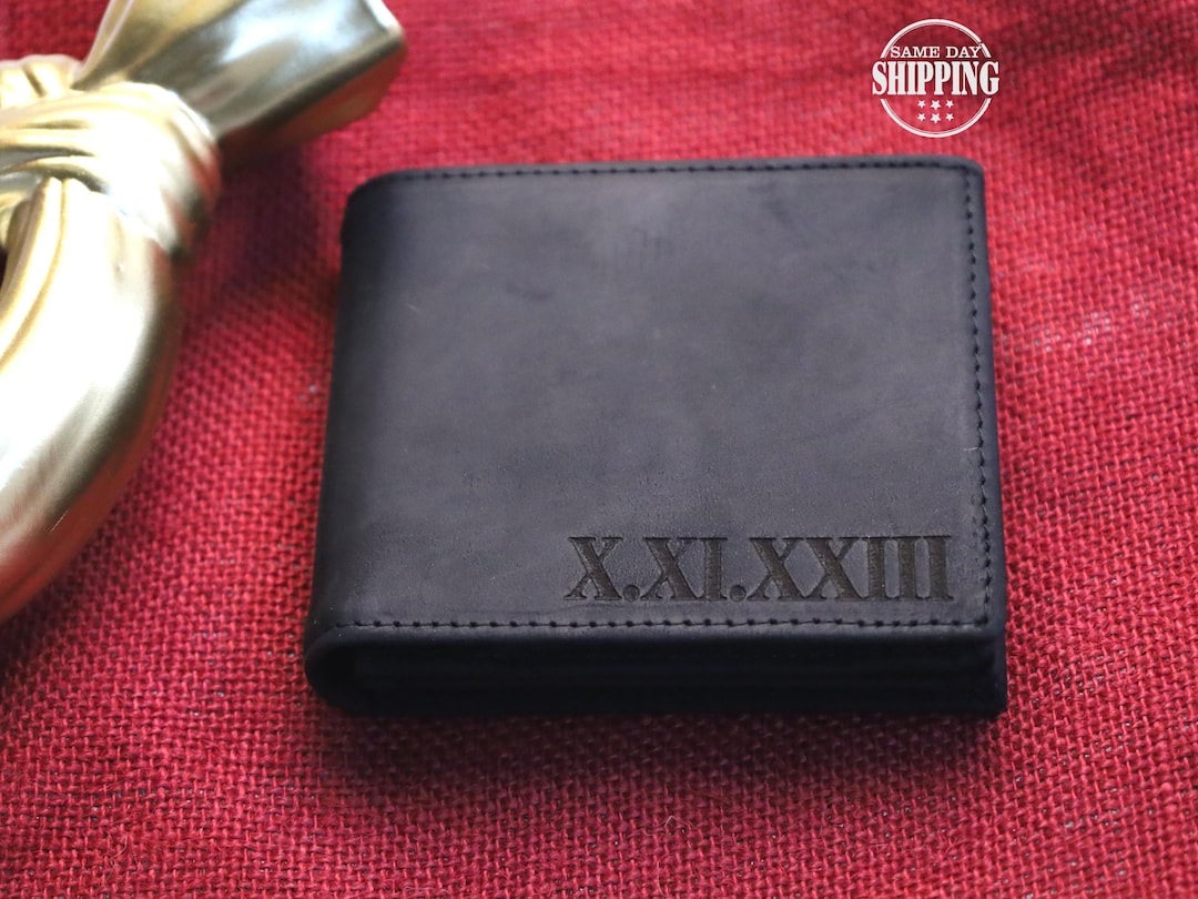 Custom Engraved Leather Men Wallet, Personalised Roman Numeral Date ...