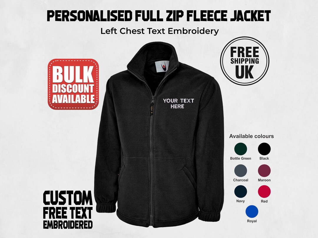 Custom Embroidered Zip up Fleece Jacket, Personalised Name/text Work ...