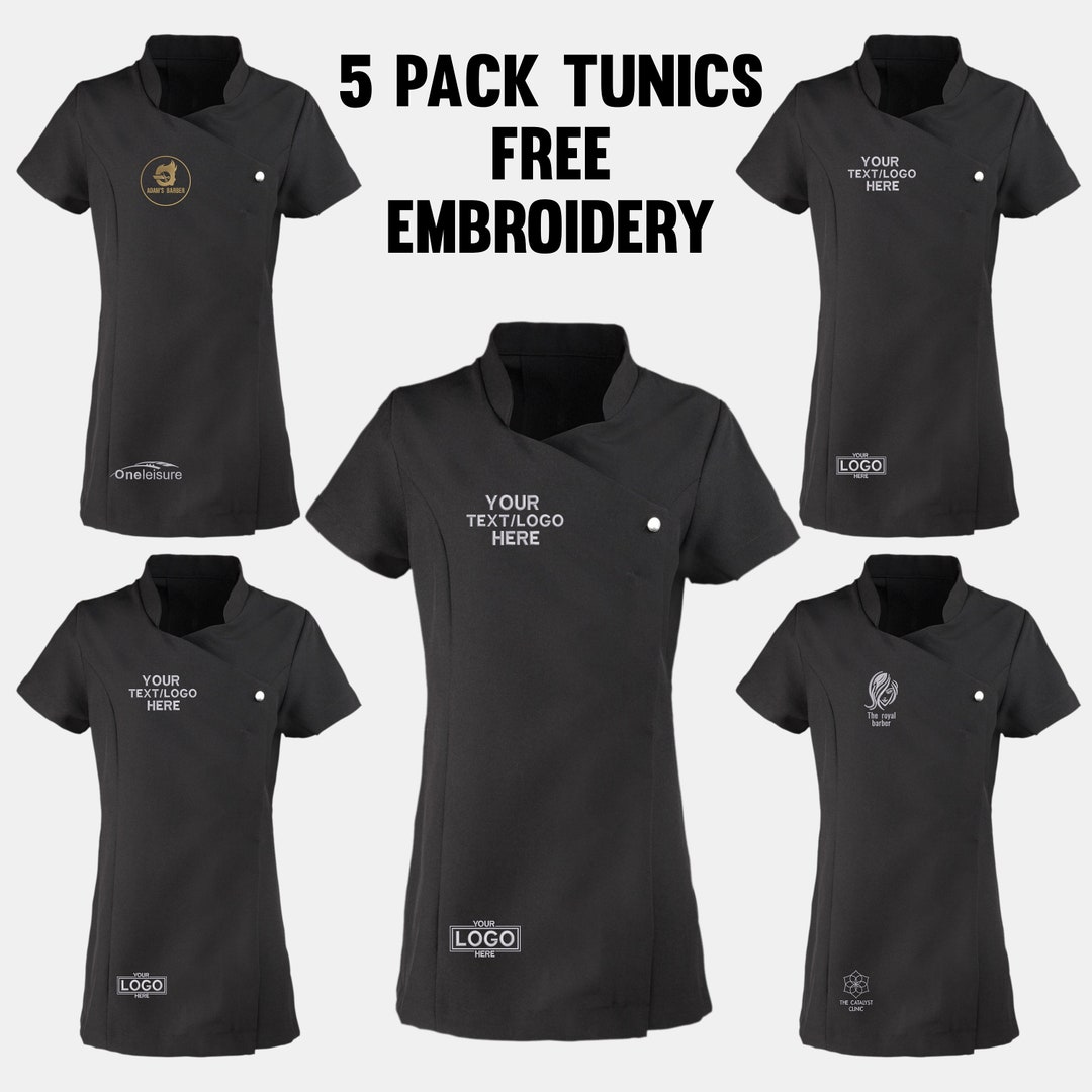 Custom Embroidered Beauty Tunics-5 Pack Personalised Logo With Text ...