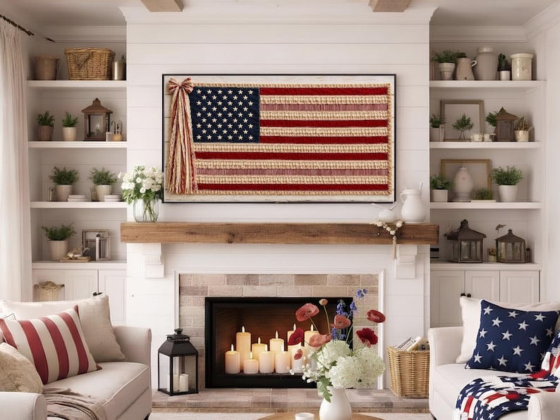 Vintage Lace American Flag Frame TV Art, Patriotic Farmhouse Digital ...