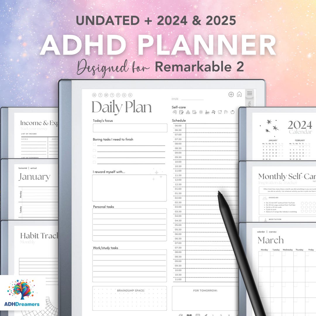 ADHD Planner Compatible With Remarkable 2 | Undated Yearly, Monthly ...
