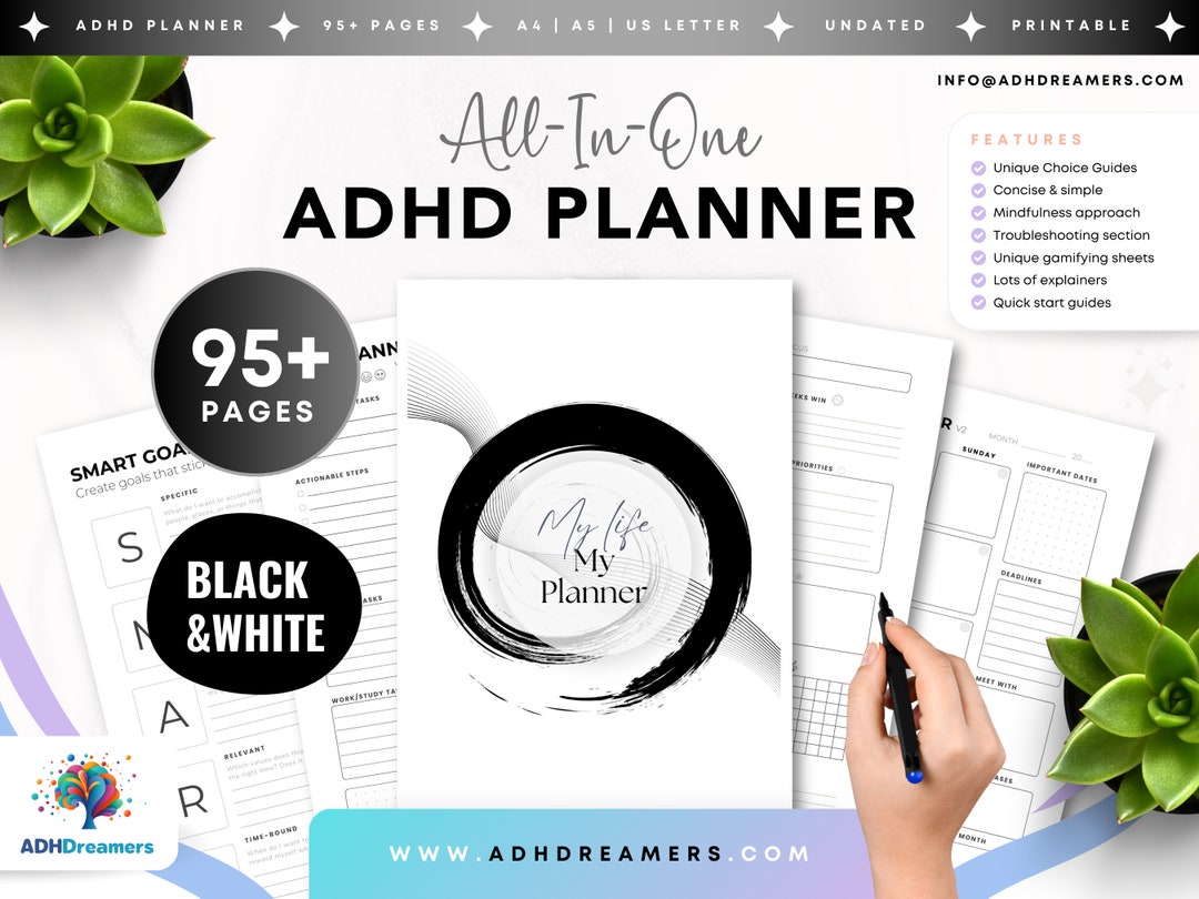 Best ADHD Planner – Black & White PRINTABLE Monochrome Undated Daily ...