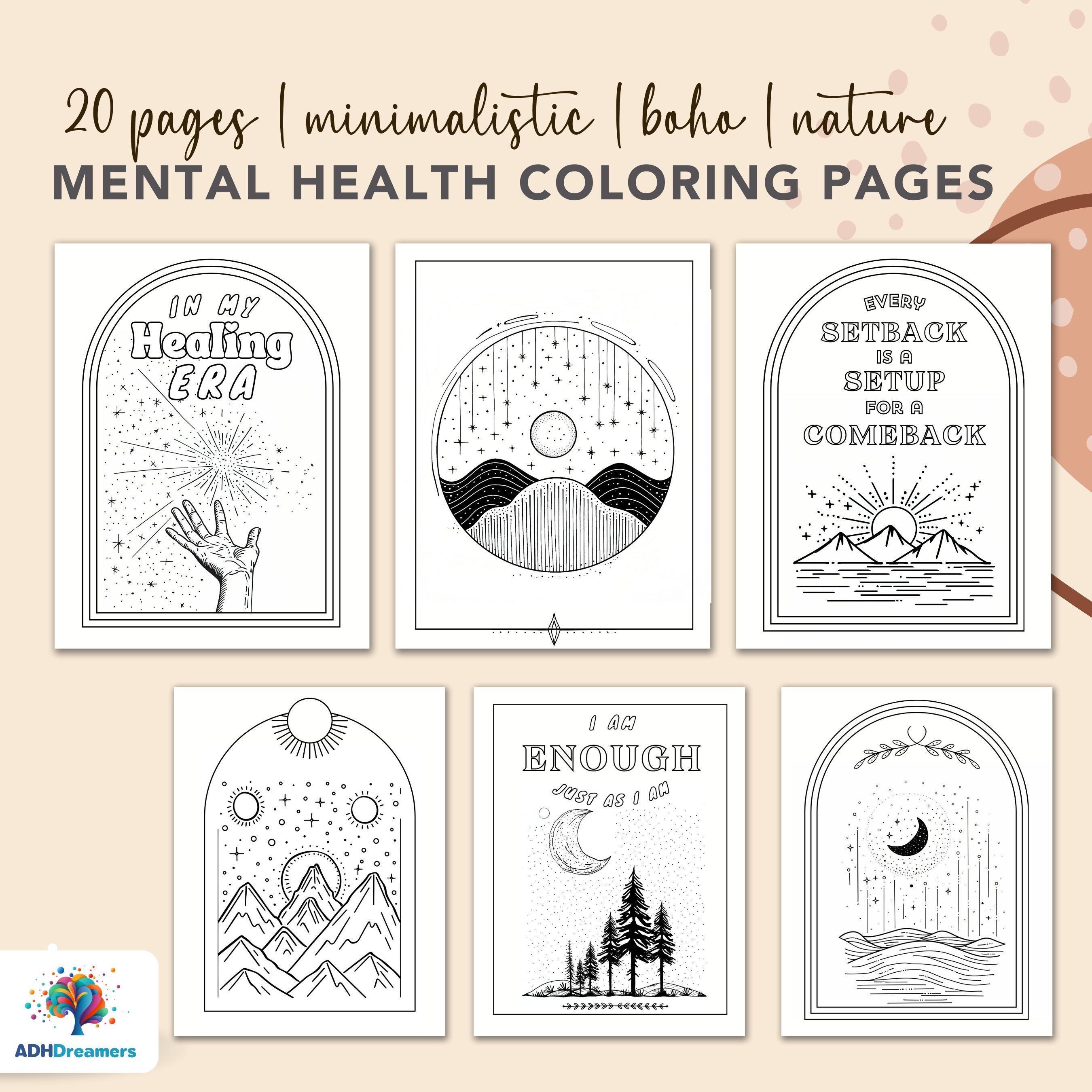 Mental Health Coloring Pages Minimalist Boho Anxiety Relief Therapy Art ...