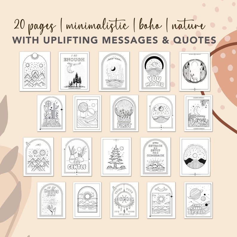 Coloring Book Boho Nature Mental Health Coloring Sheet Minimalist ...