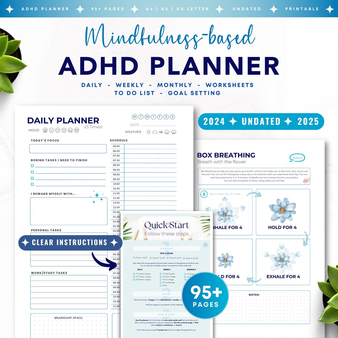 ADHD Planner Printable | Undated 2024 2025 Calendar Monday & Sunday ...
