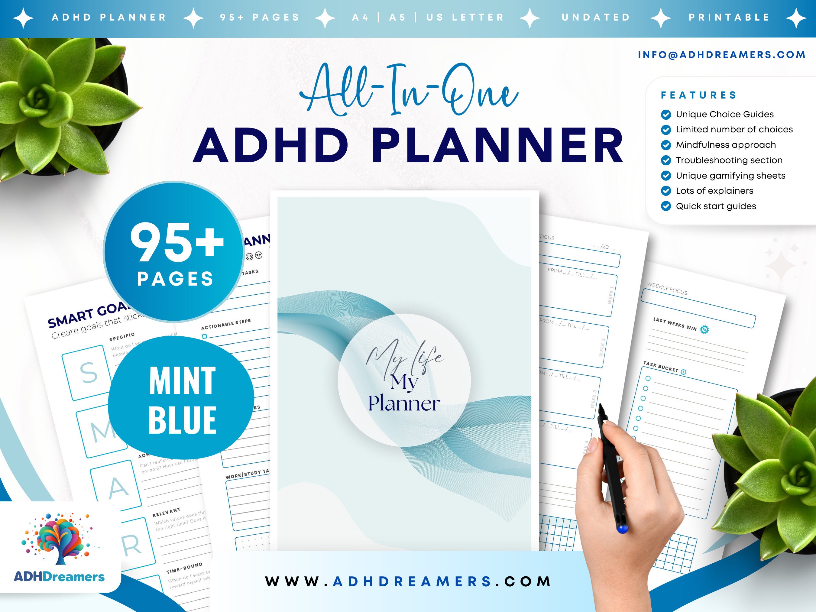 Best ADHD Planner Mint Blue PRINTABLE Undated Daily Life Planner for ...