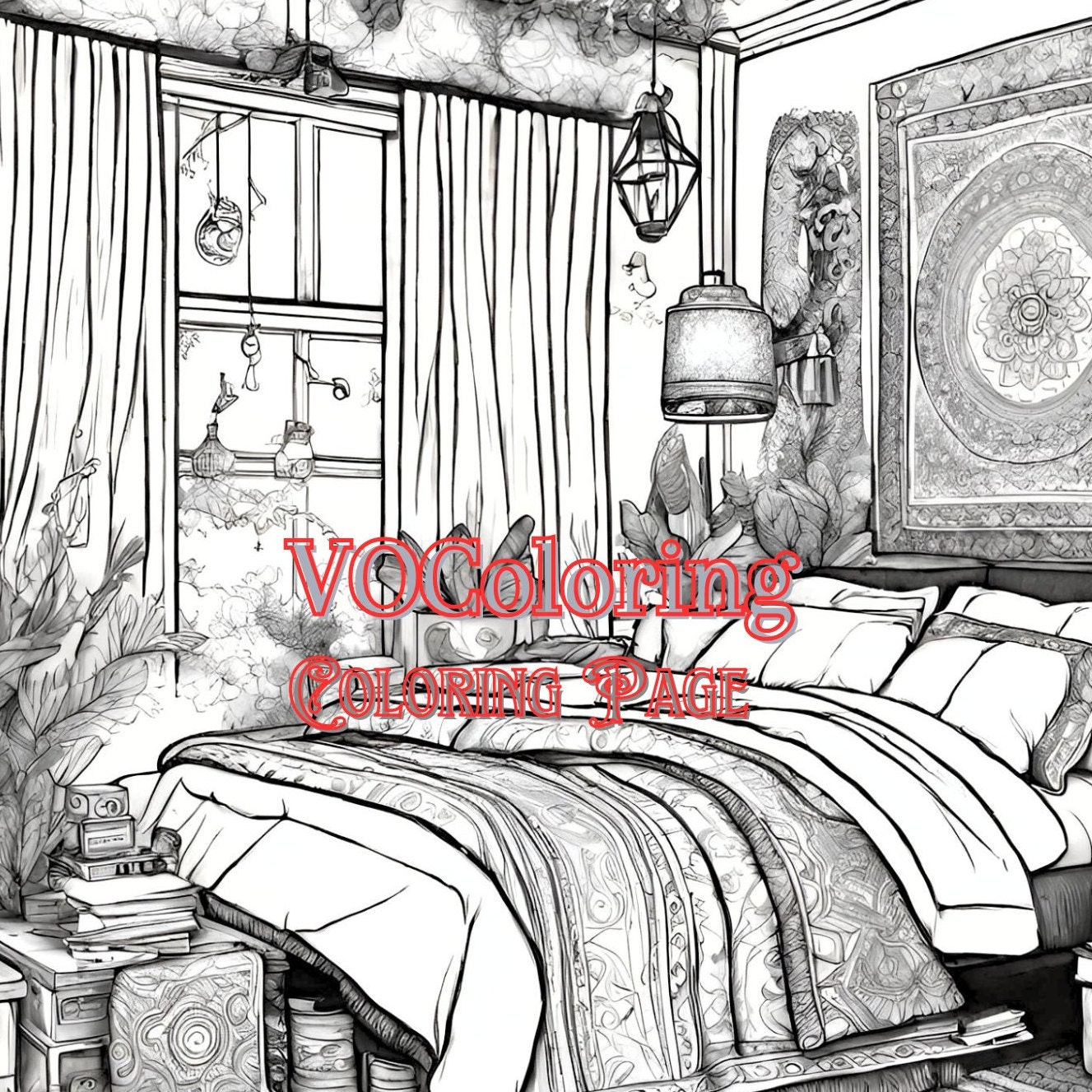 Boho Bedroom Interior Design Coloring Page for Adults, Printable PDF ...