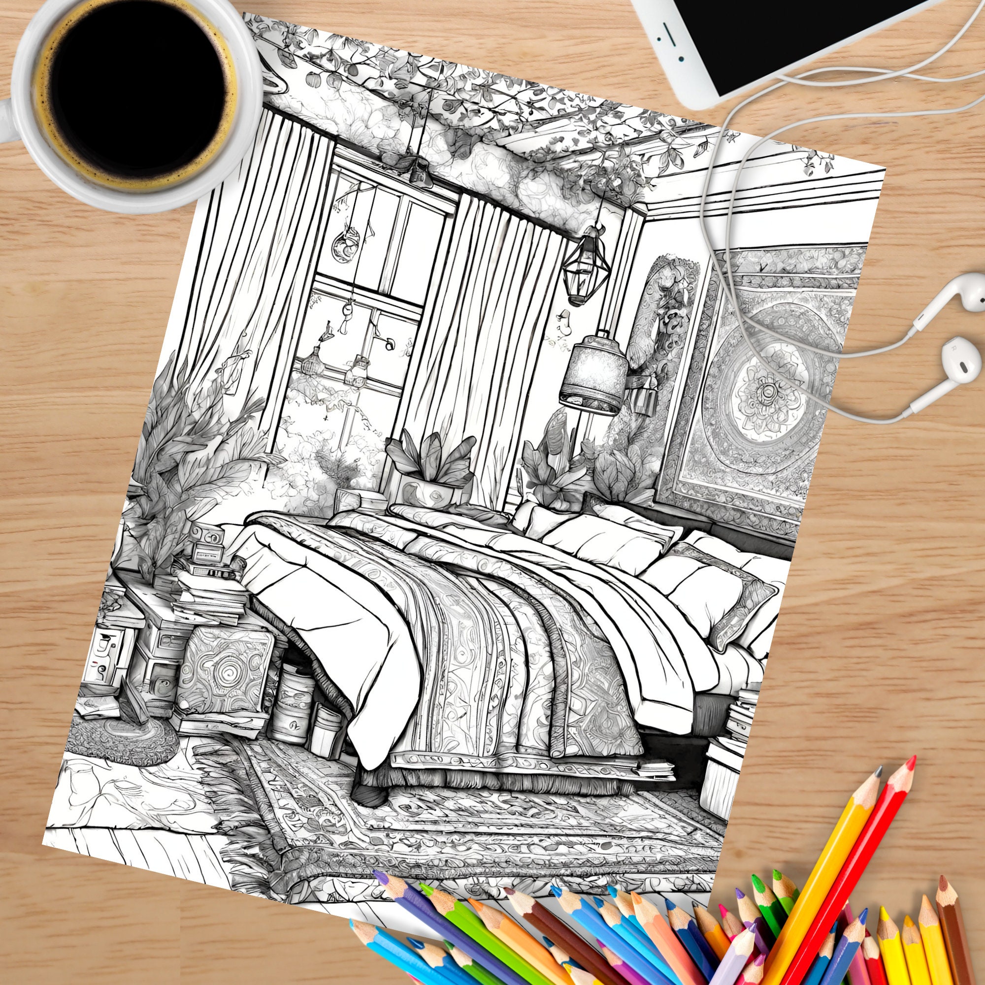 Boho Bedroom Interior Design Coloring Page for Adults, Printable PDF ...