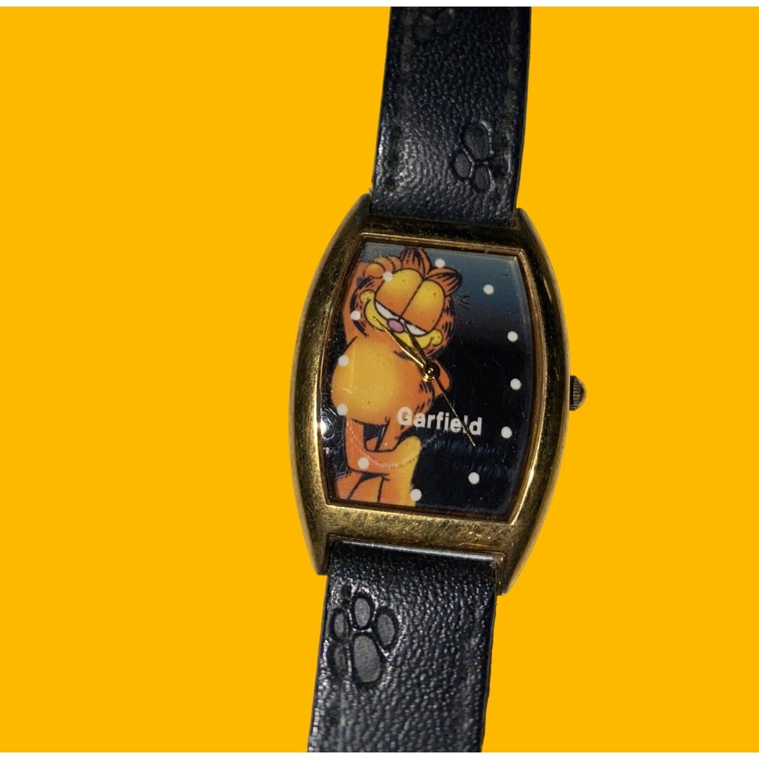 Vintage Garfield Wristwatch Black Leather Band Japan Movement Stainless ...