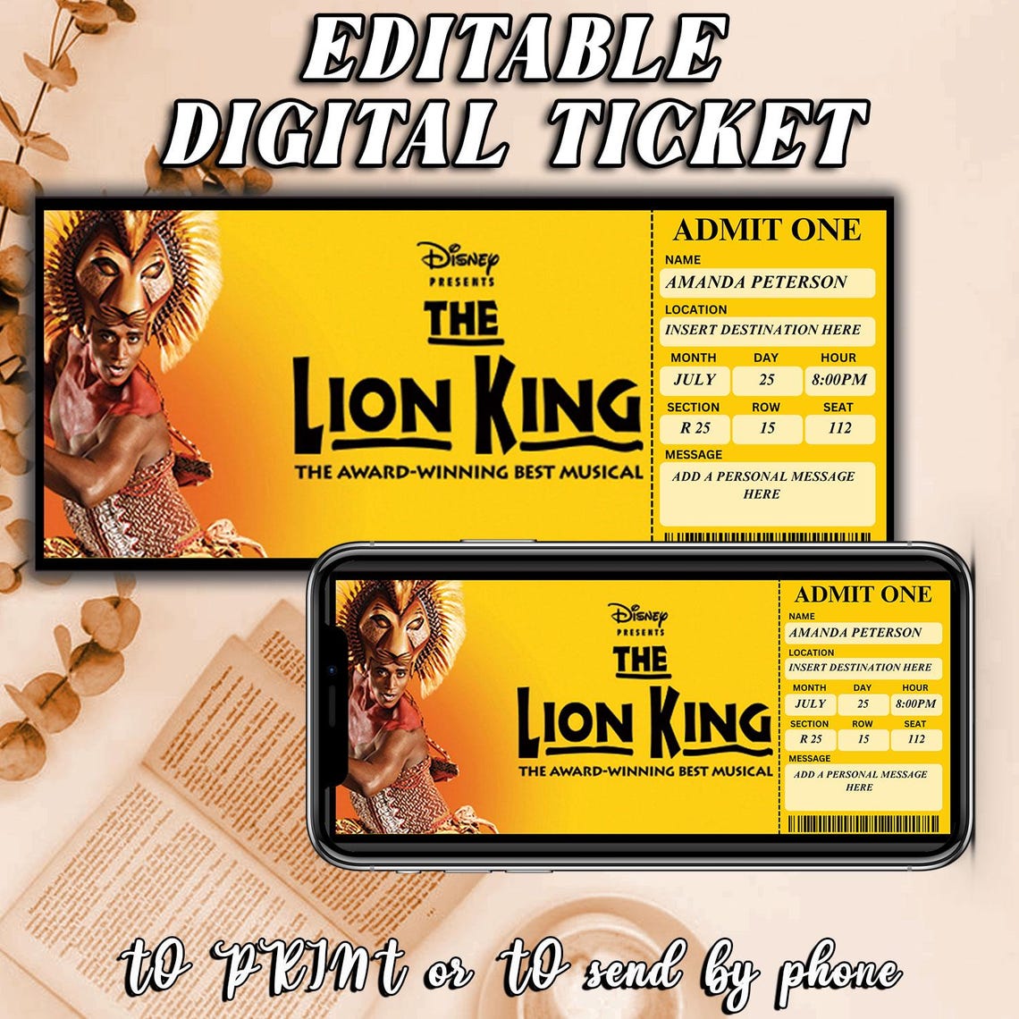 Printable Lion King Musical Theatre Ticket, Personalized Gift Reveal, Editable West End ...