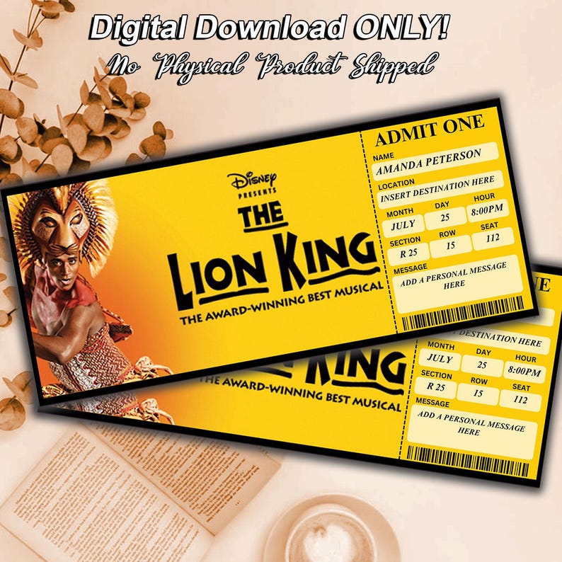 Printable Lion King Musical Theatre Ticket, Personalized Gift Reveal, Editable West End ...