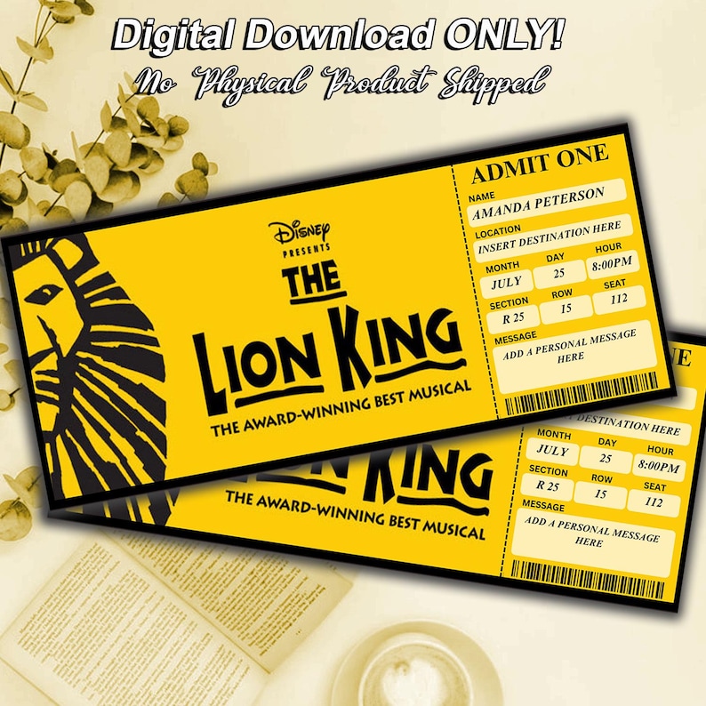 Printable Lion King Musical Theatre Ticket, Personalized Gift Reveal ...