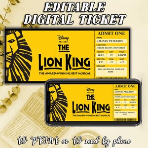 Printable Lion King Musical Theatre Ticket, Personalized Gift Reveal ...