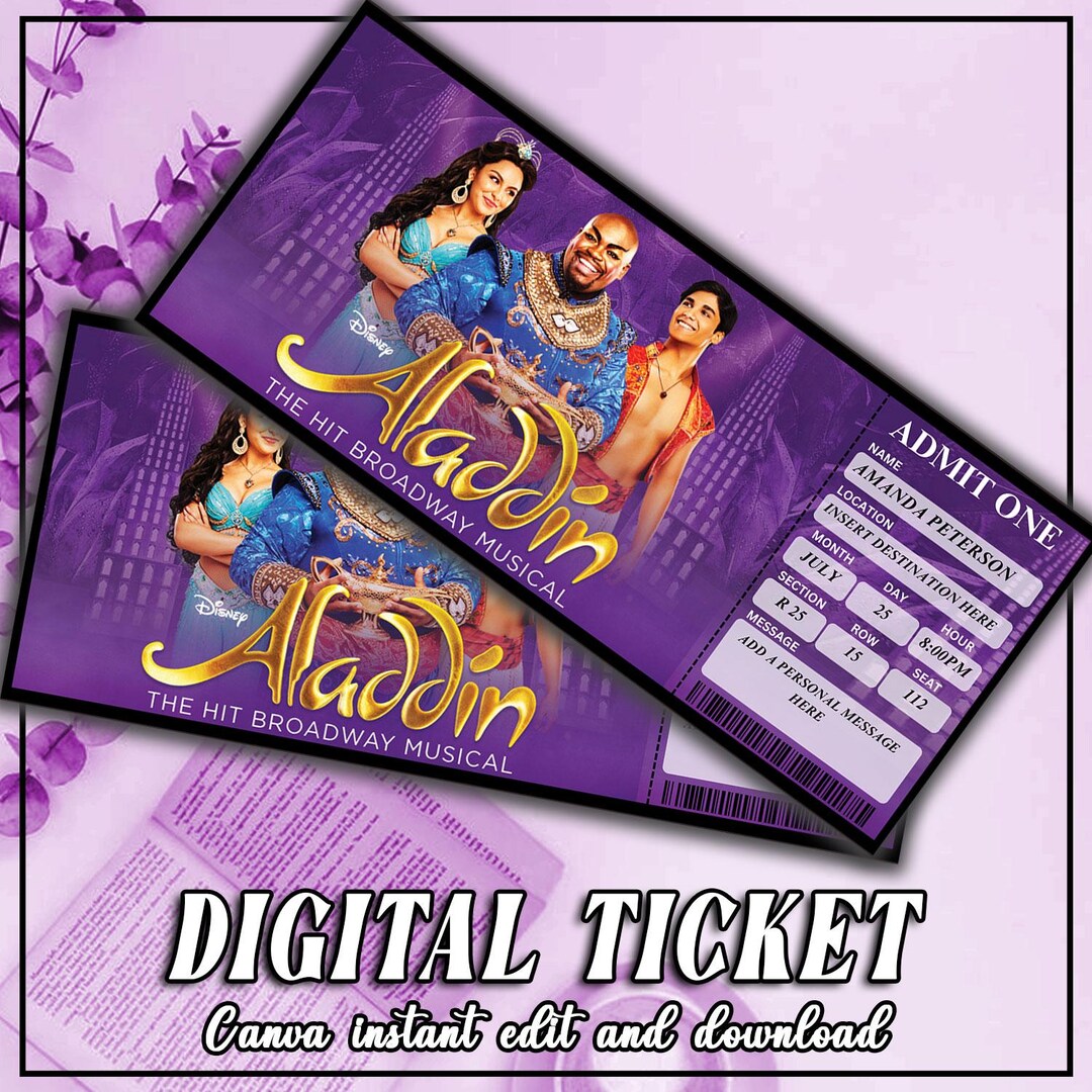 Printable Aladdin Musical Theatre Ticket, Personalized Gift Reveal ...