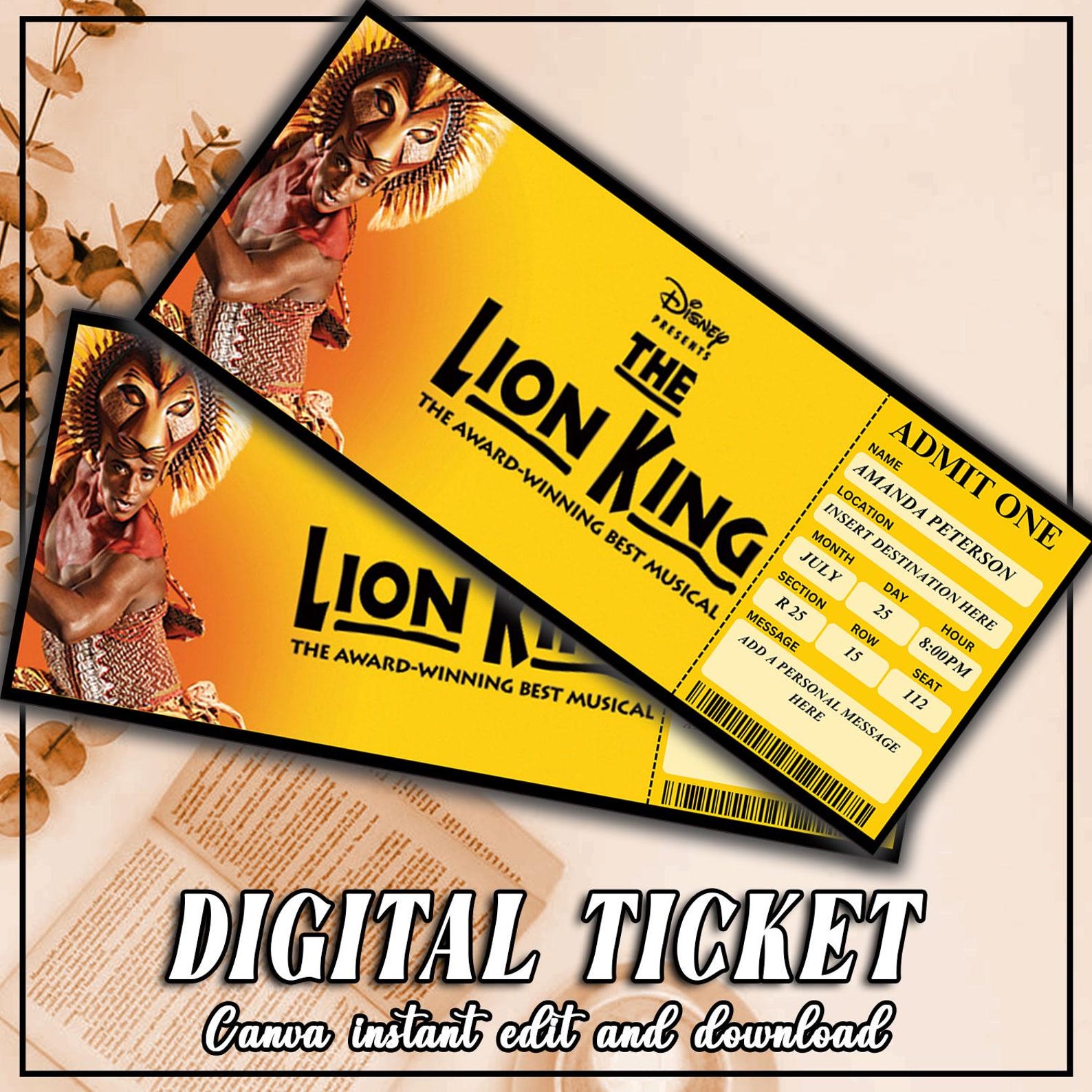 Printable Lion King Musical Theatre Ticket, Personalized Gift Reveal, Editable West End ...