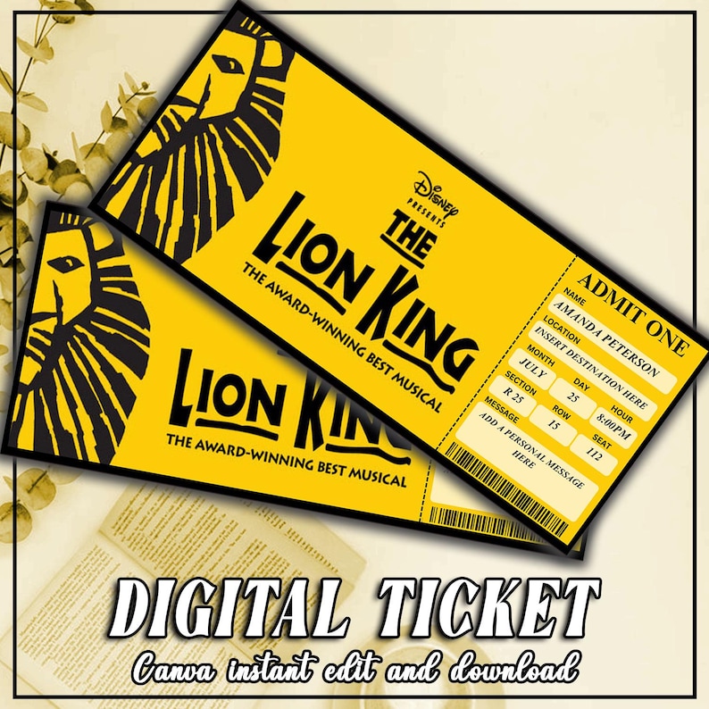 Printable Lion King Musical Theatre Ticket, Personalized Gift Reveal ...