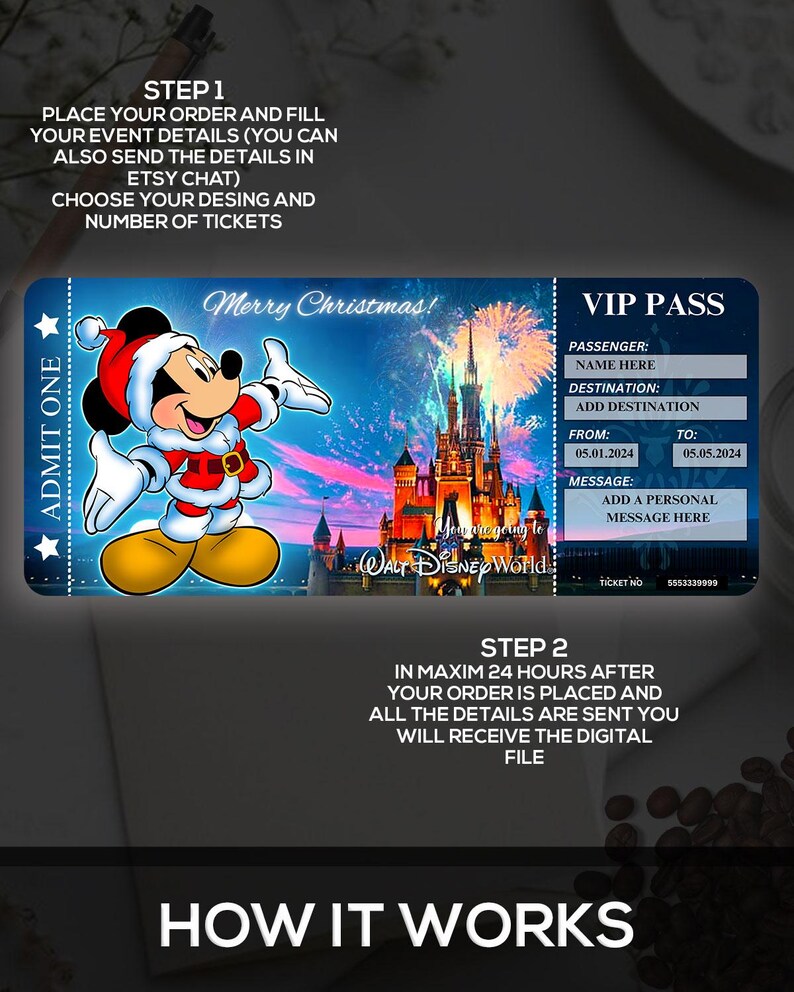 Personalized Christmas Disneyland Ticket, Theme Park Reveal (PDF + PNG ...